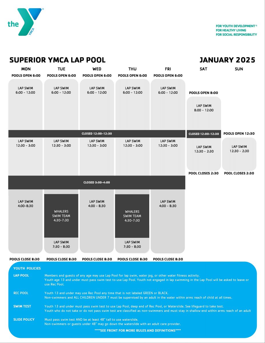 Superior YMCA hot tub, lap, and recreational pool schedules